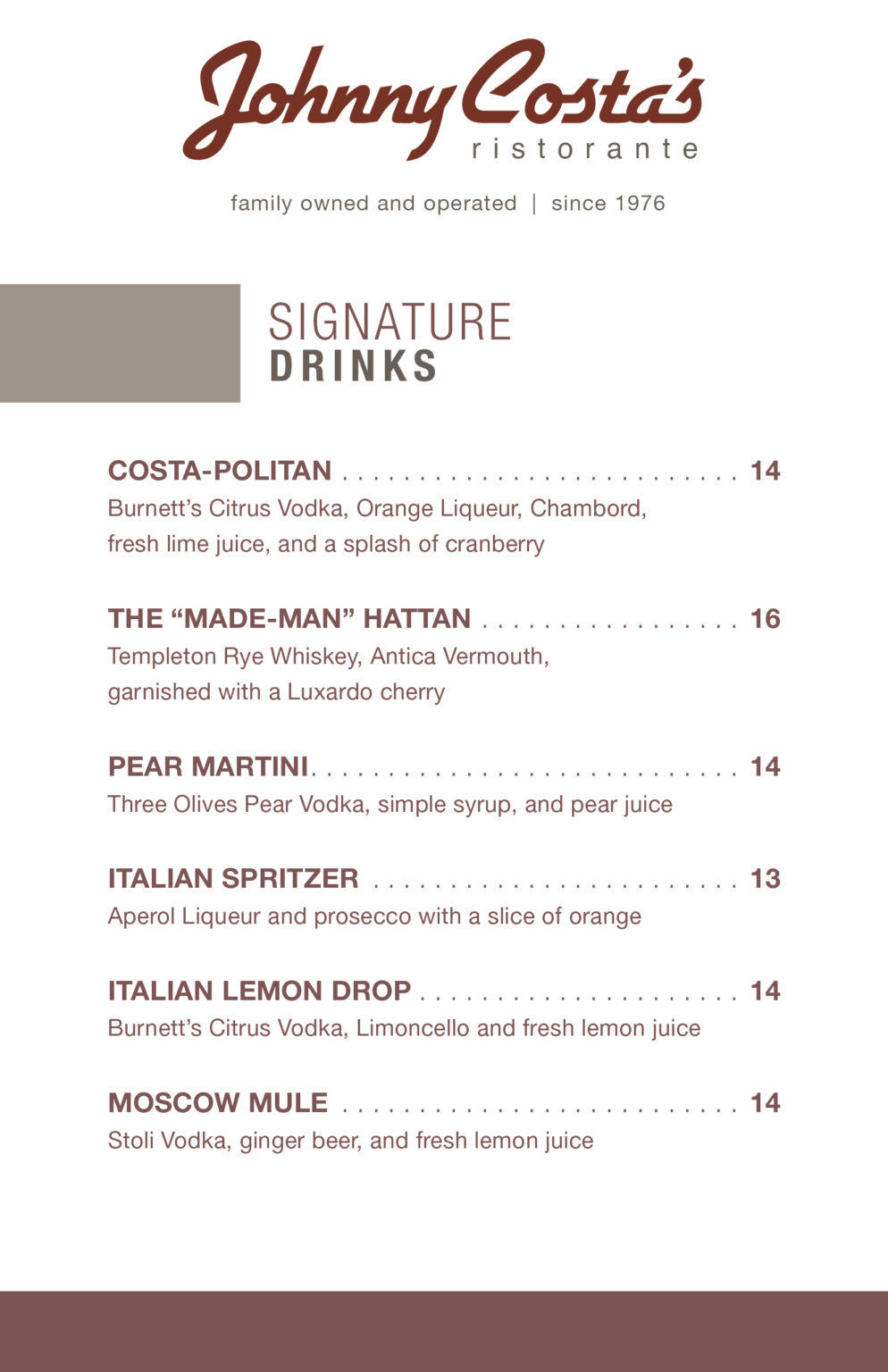 Bar Menu, Happy Hour Menu Palm Springs Johnny Costas | Johnny Costas